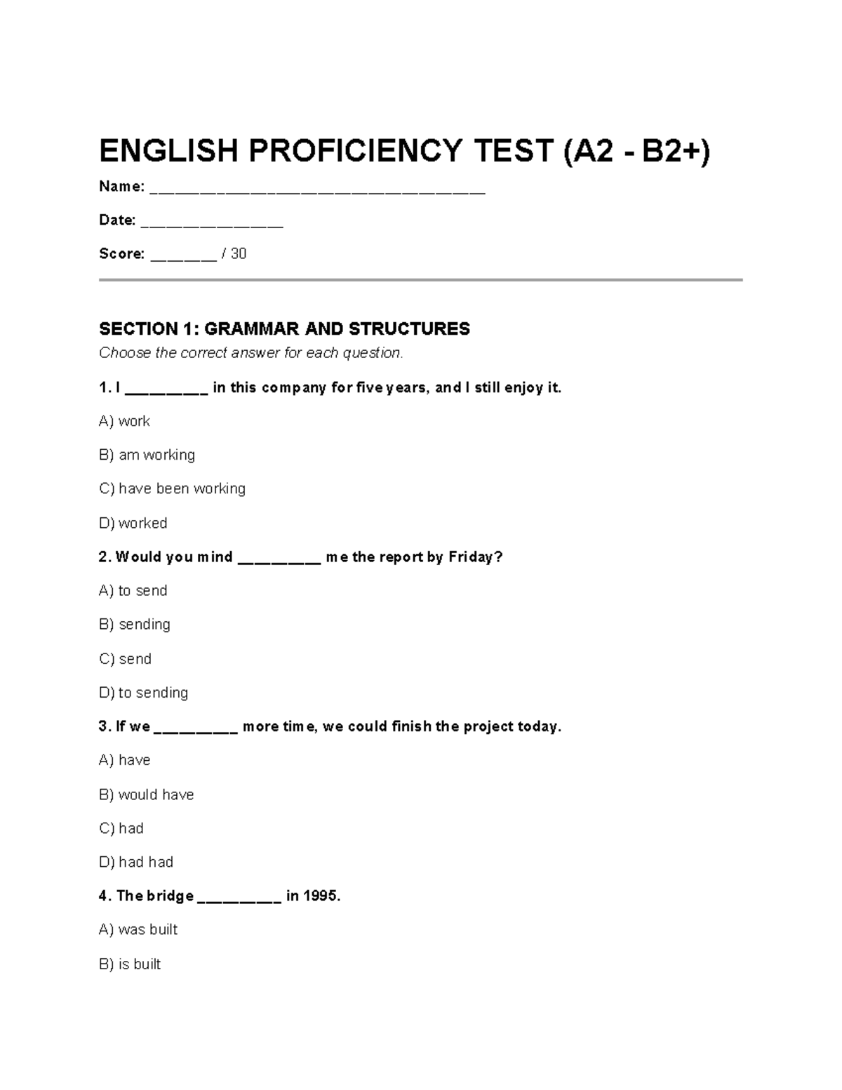 English Proficiency Test (A2-B2) - Grammar & Vocabulary Practice - Studocu