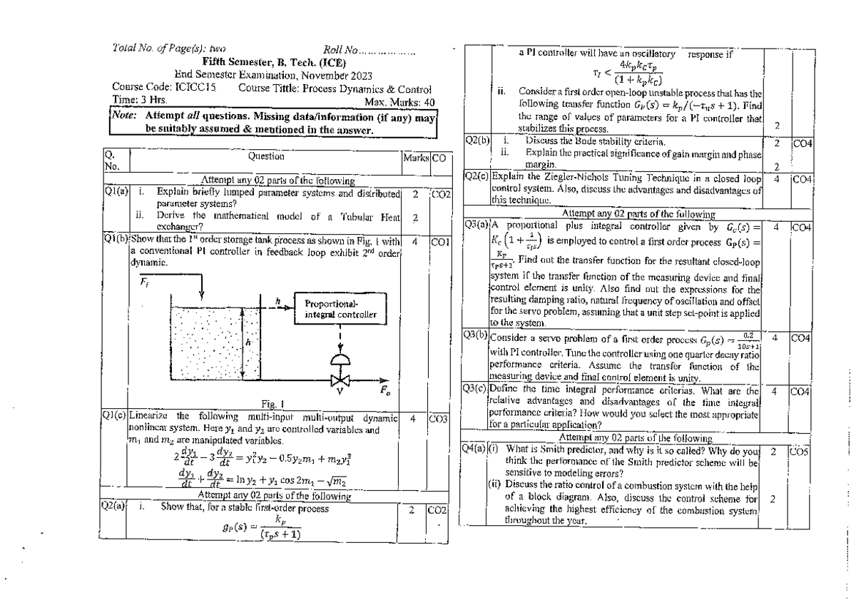 ICICC15 Process Dynamics Control: End Sem Exam Q&A Nov 2023 - Studocu