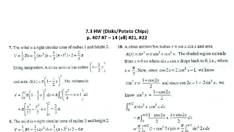 7.3 HW Solutions for Right Circular Cones and Volumes - Studocu