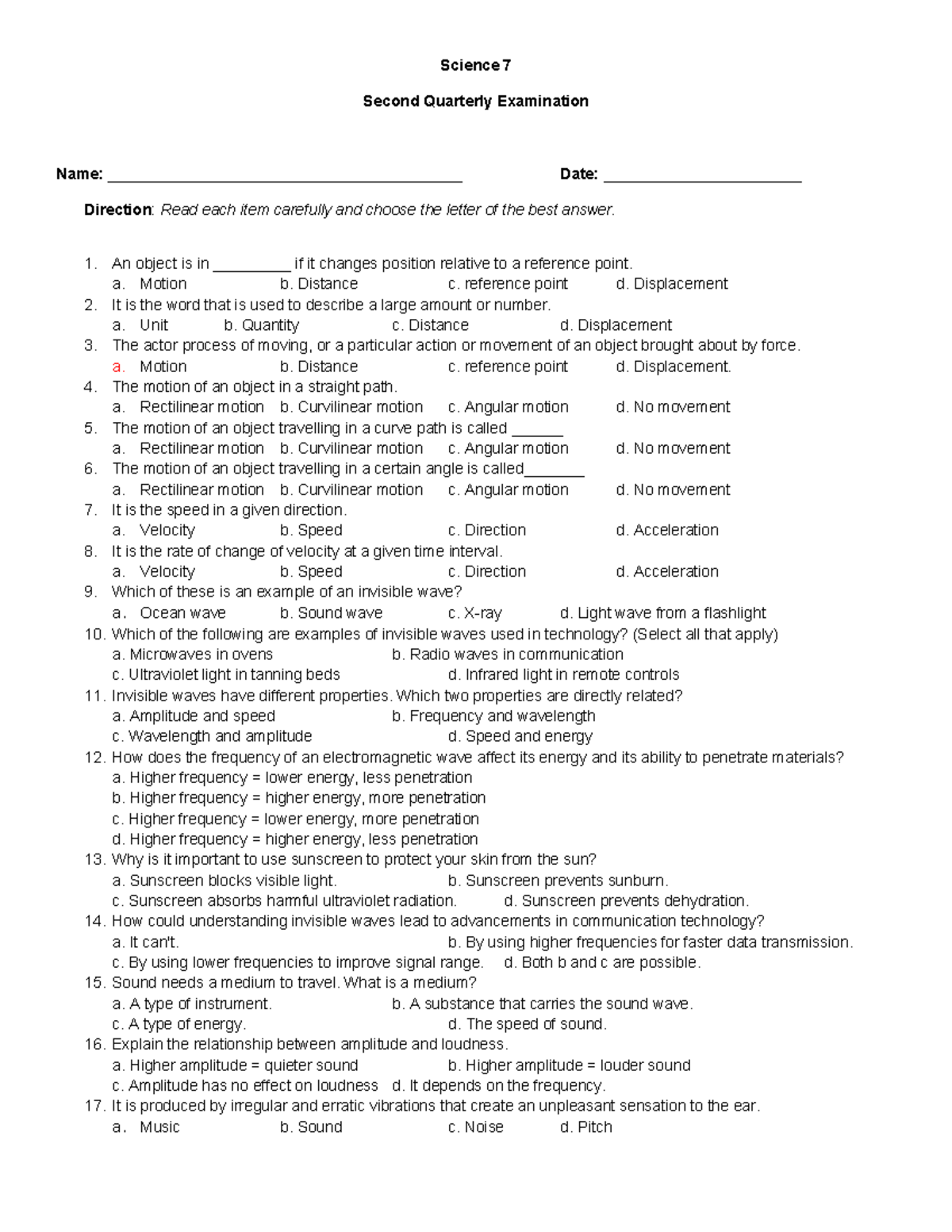 Grade 7 Science - Science 7 Second Quarterly Examination Name: - Studocu