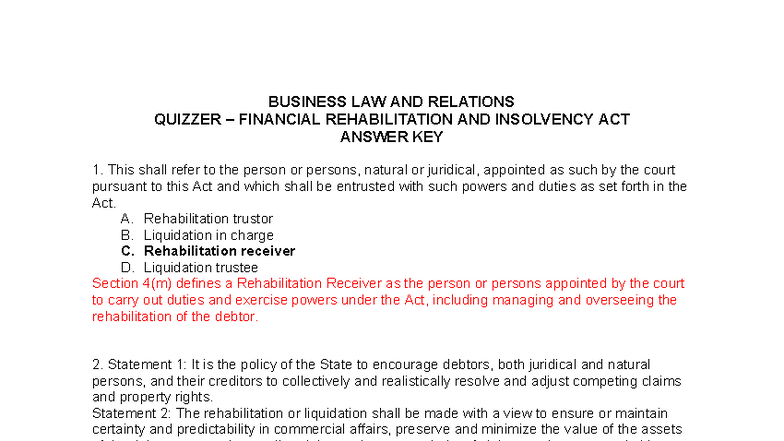 FRIA 101: Business Law & Relations Quizzer Answer Key - Studocu