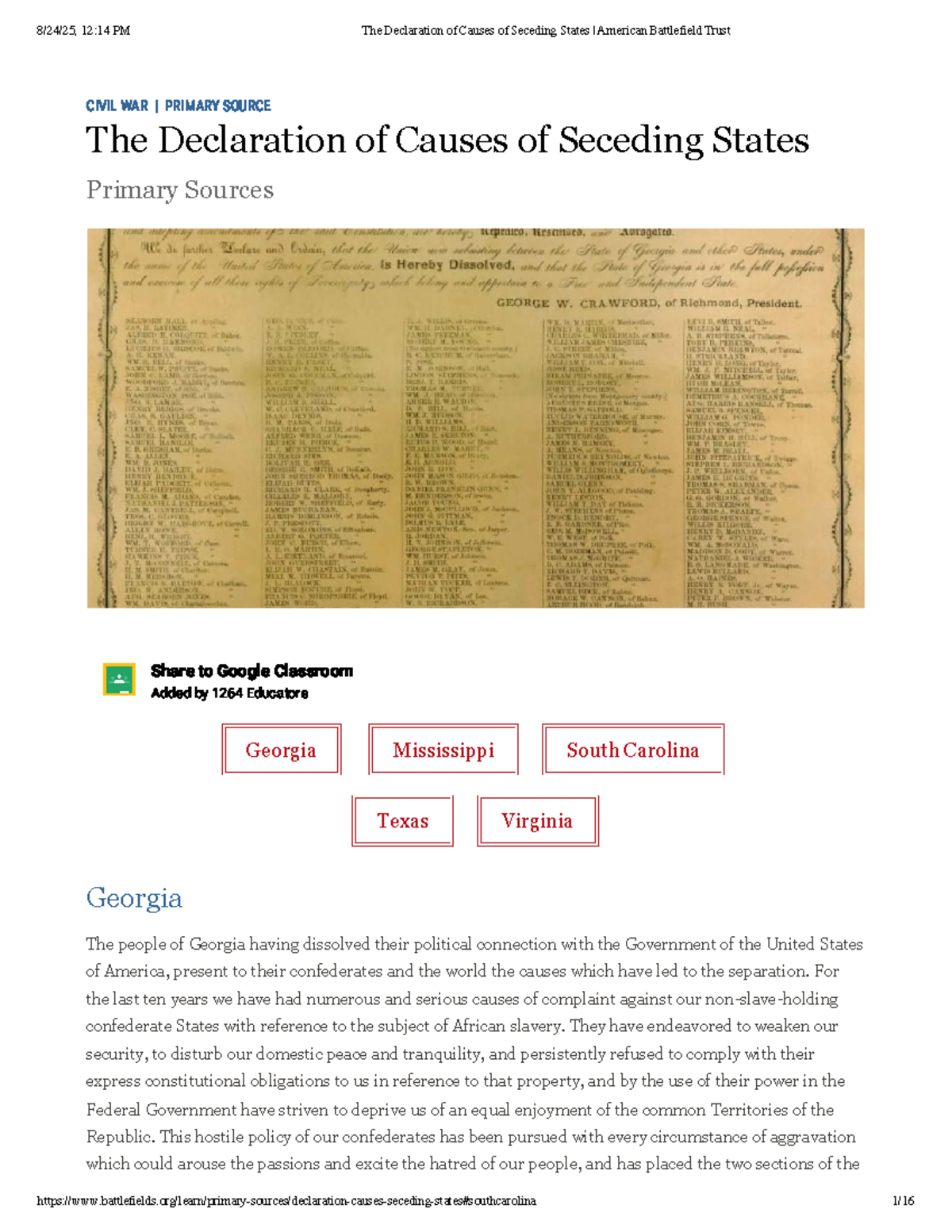 The Declaration of Causes for Secession by Southern States (CIVIL WAR ...