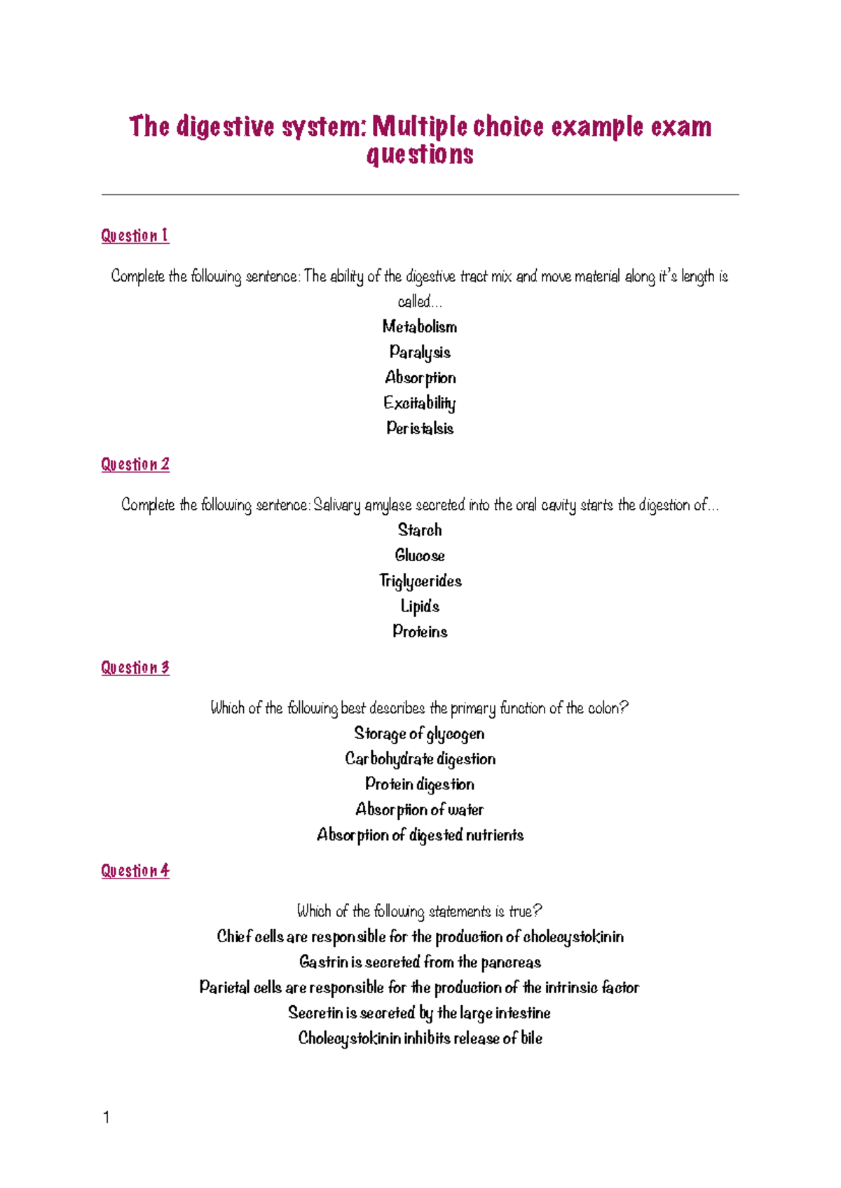 DIG 101: Digestive System MCQ Example Exam Questions & Answers - Studocu