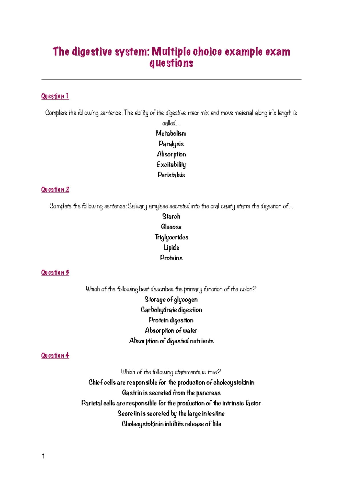 The digestive system: Multiple choice example exam questions - The ...