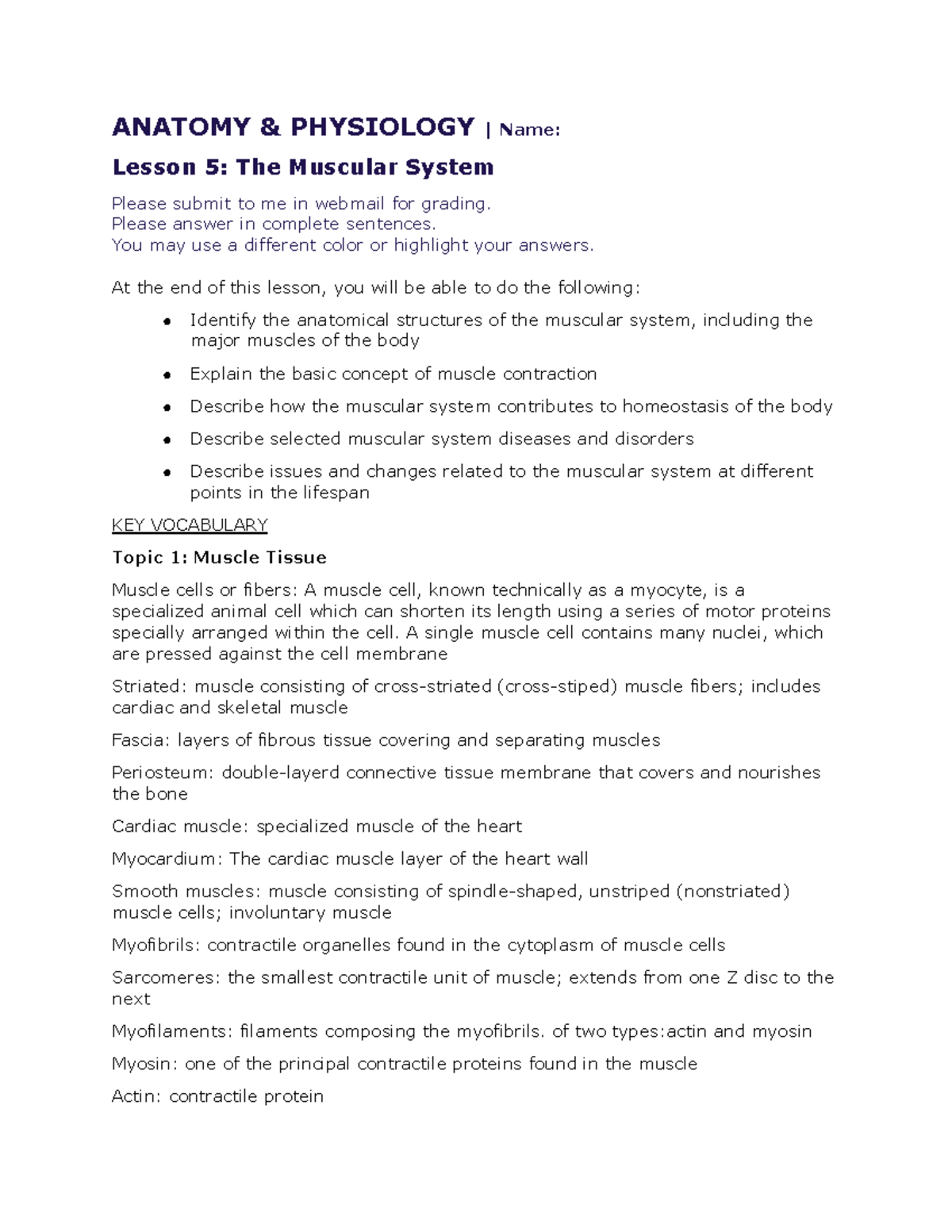 Copy of 5 - The Muscular System - ANATOMY & PHYSIOLOGY| Name: Lesson 5 ...