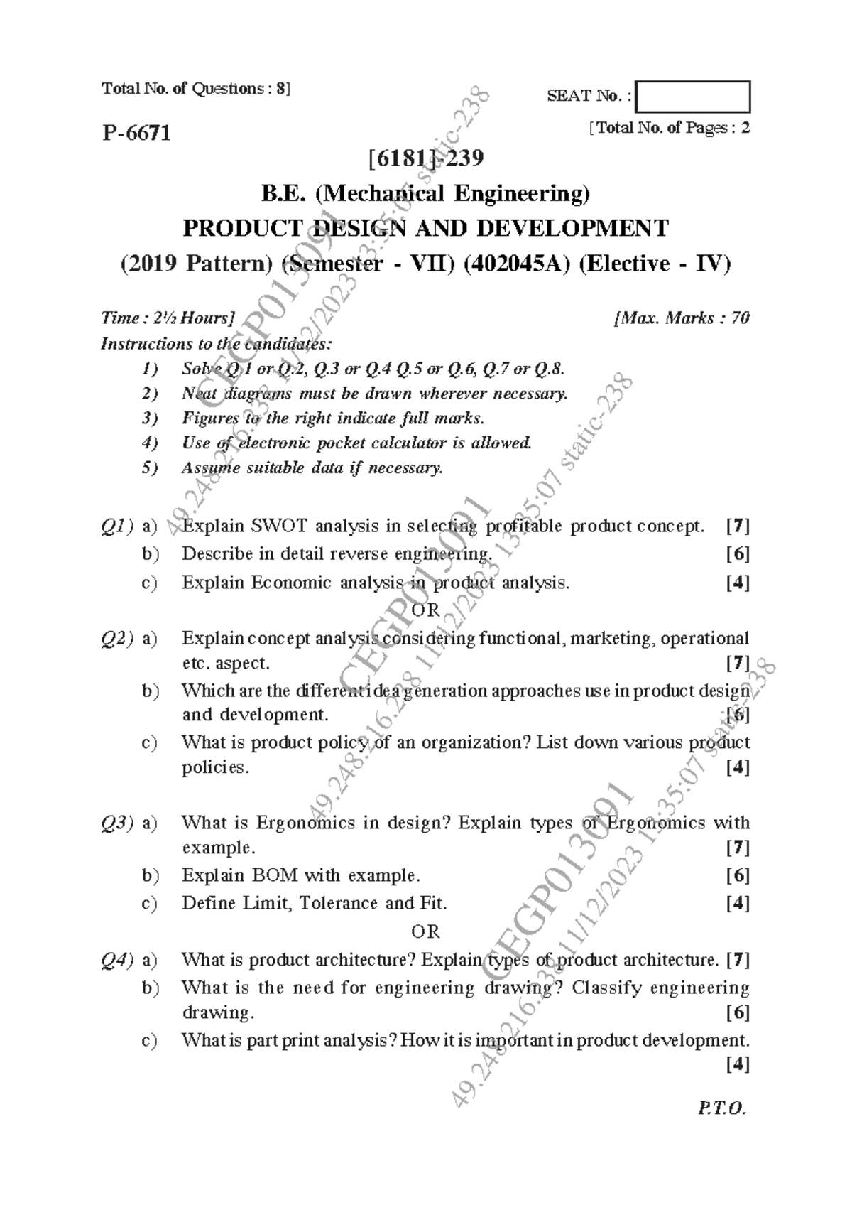 B.E. (Mechanical Engineering) Product Design & Development Exam Paper ...