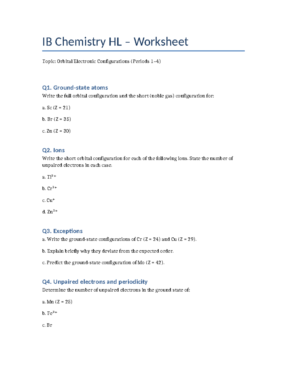IB Chemistry HL Worksheet: Orbital Configurations & Unpaired Electrons ...
