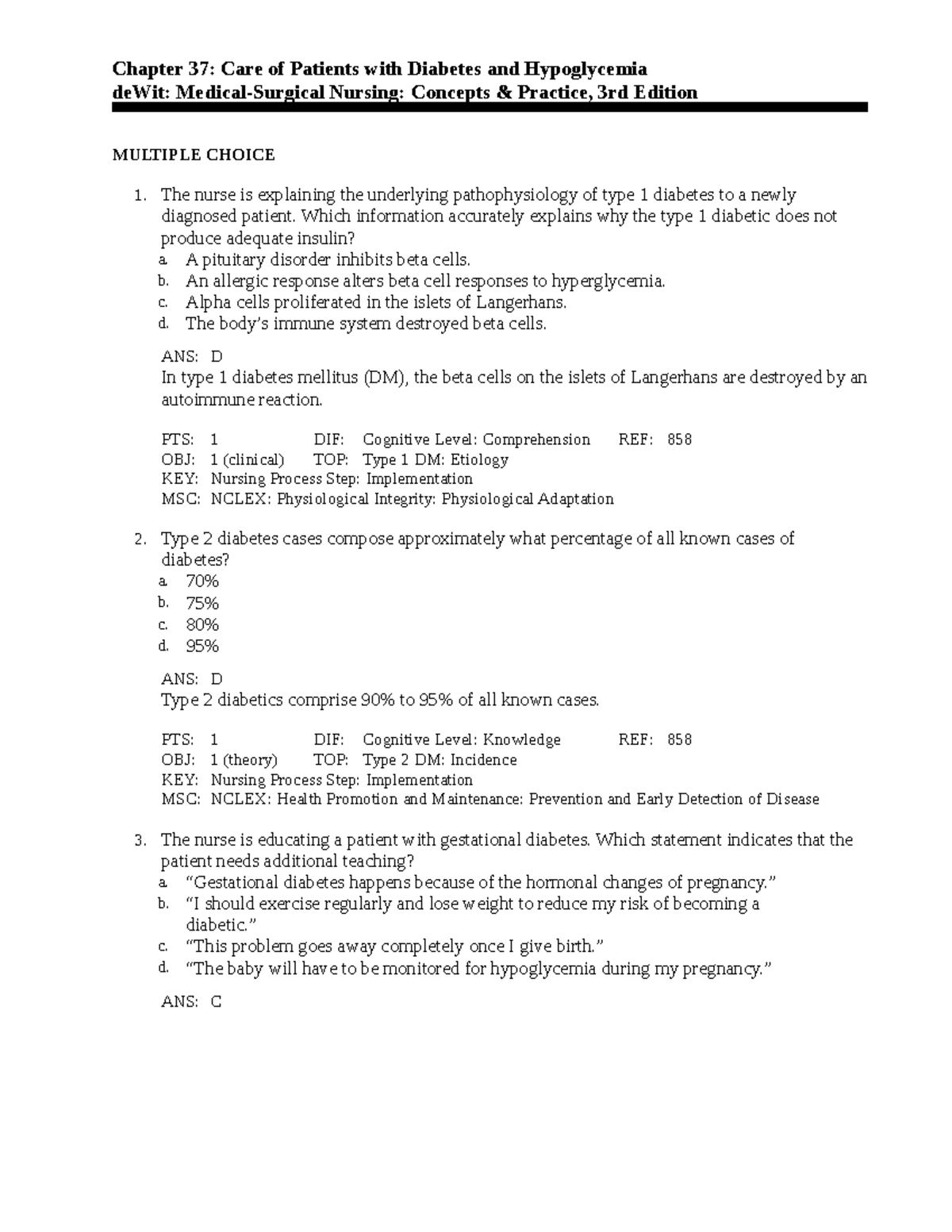 C37 - Chapter 37: Diabetes Care and Management in Nursing - Studocu