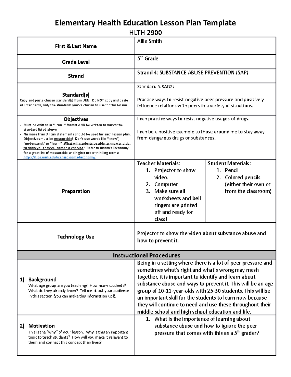 Elementary Health Education Lesson Plan HLTH 2900: Substance Abuse ...