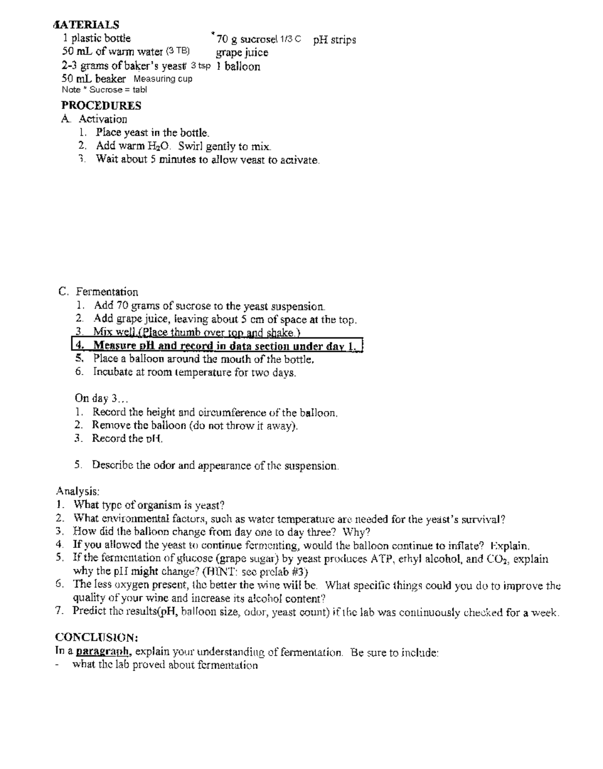 Ballon Lab - ...... - MATERIALS 1 plastic bottle 70 g sucrose C pH ...