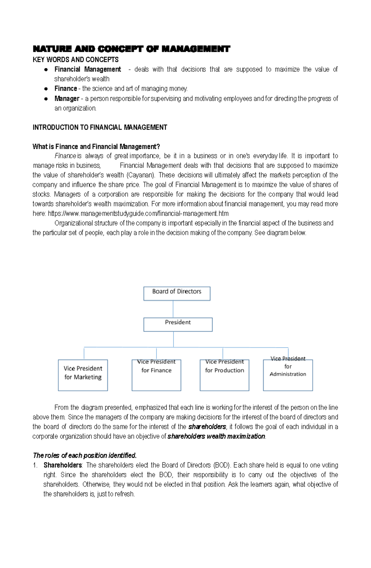 SHS FM - Lesson 1 Reviewer: Introduction to Financial Management - Studocu