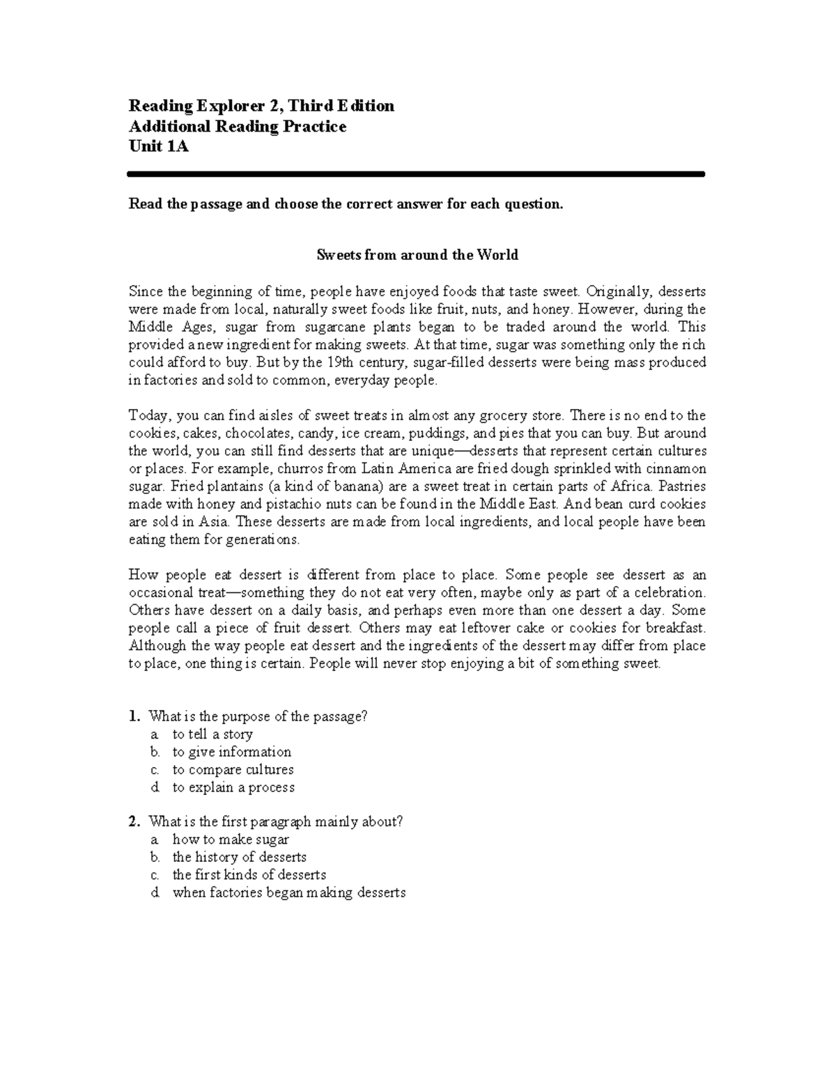 Reading Explorer 2, Third Edition Additional Reading Practice Units 1A ...