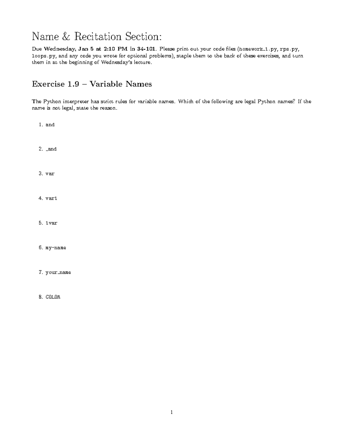MIT 6.189 IAP 2011 Homework 1: Python Variable & Loop Exercises - Studocu