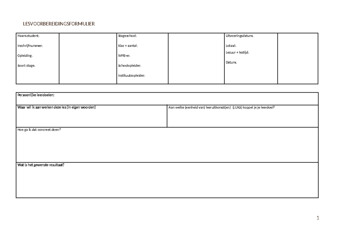 Les Voorbereidingsformulier voor Stage - Reflectie en Leerdoelen - Studeersnel