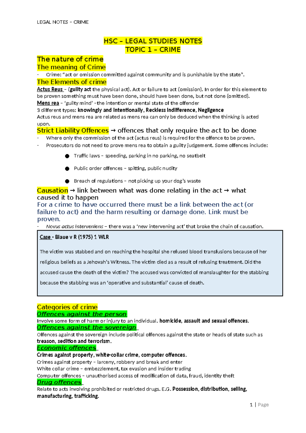 HSC Legal Studies Notes - Crime: Understanding Legal Concepts and Cases ...