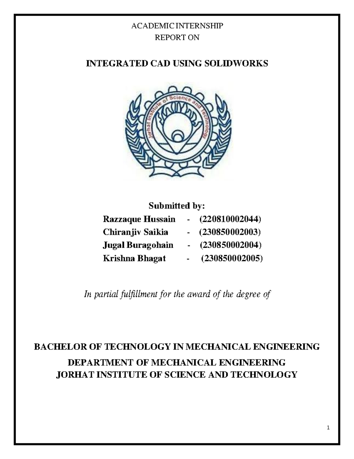 B.Tech 5th Sem Academic Internship Report on CAD with SolidWorks - Studocu