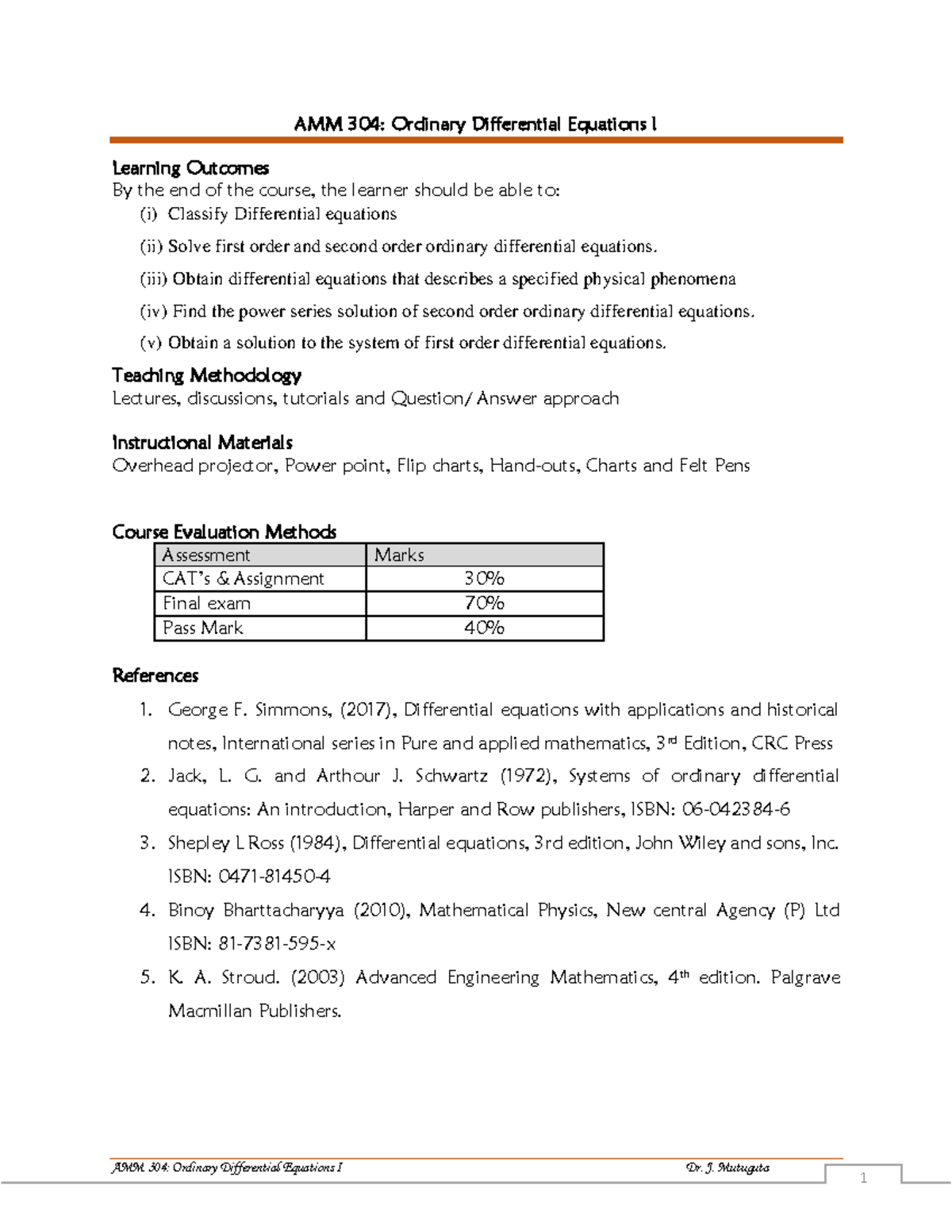 AMM 304 ODE 1 Muranga - good - AMM 304: Ordinary Differential Equations ...