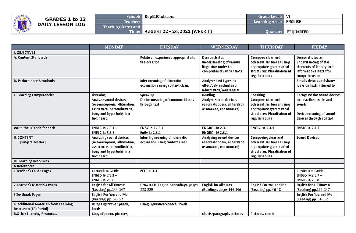 DLL English 6 Q1 W1 - This is a sample of DLL - GRADES 1 to 12 DAILY ...