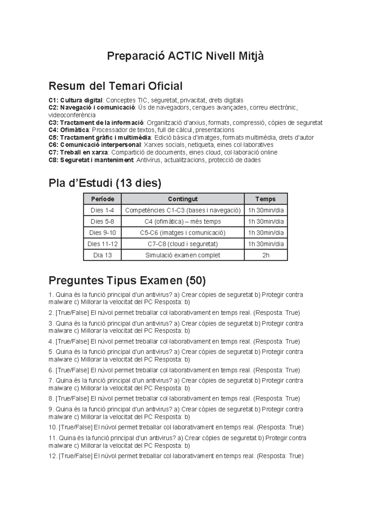 Preparació ACTIC Nivell Mitjà: Resum del Temari Oficial i Examen - Studocu