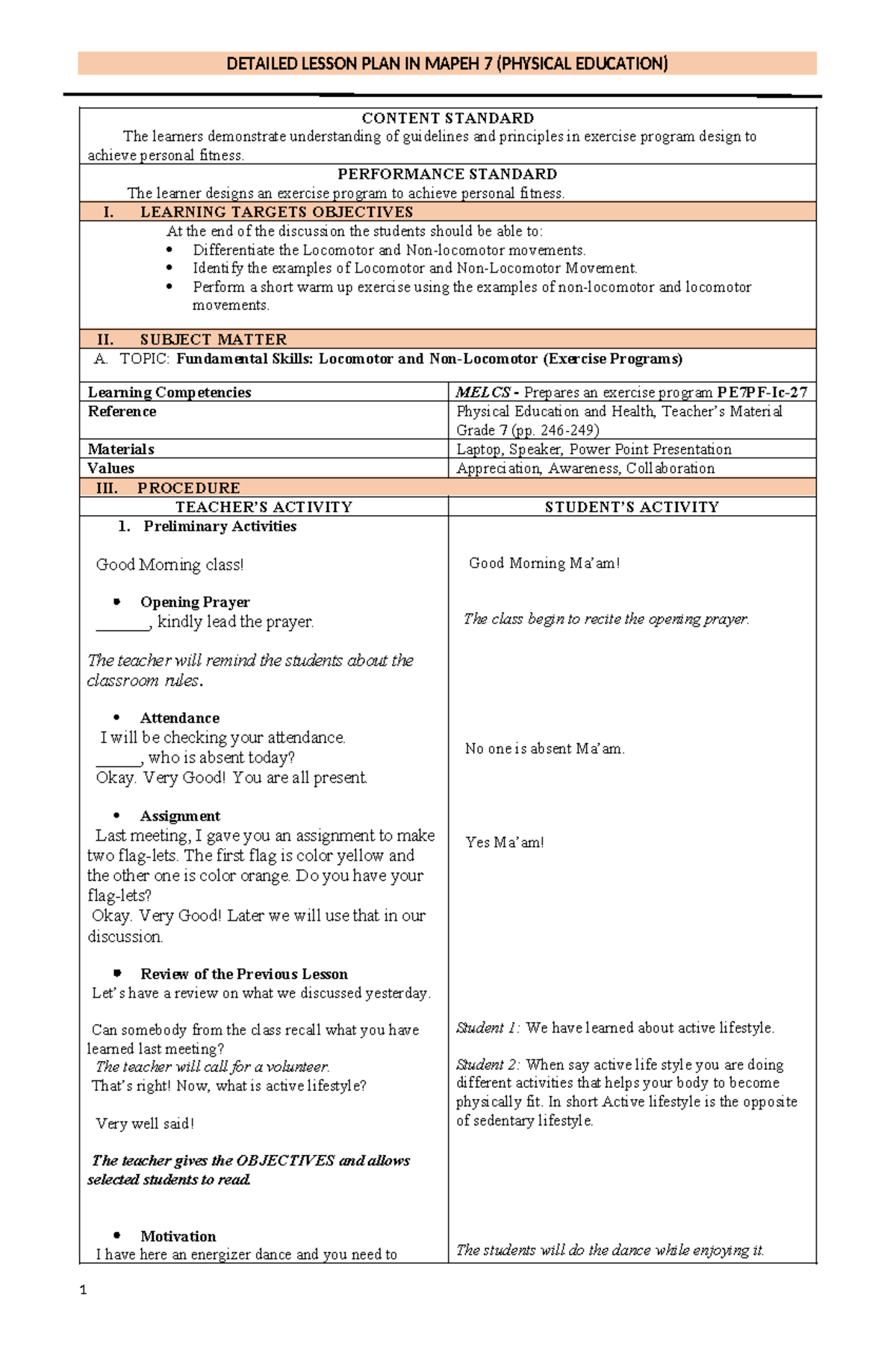Detailed Lesson Plan: Locomotor & Non-Locomotor Movements in MAPEH 7 ...