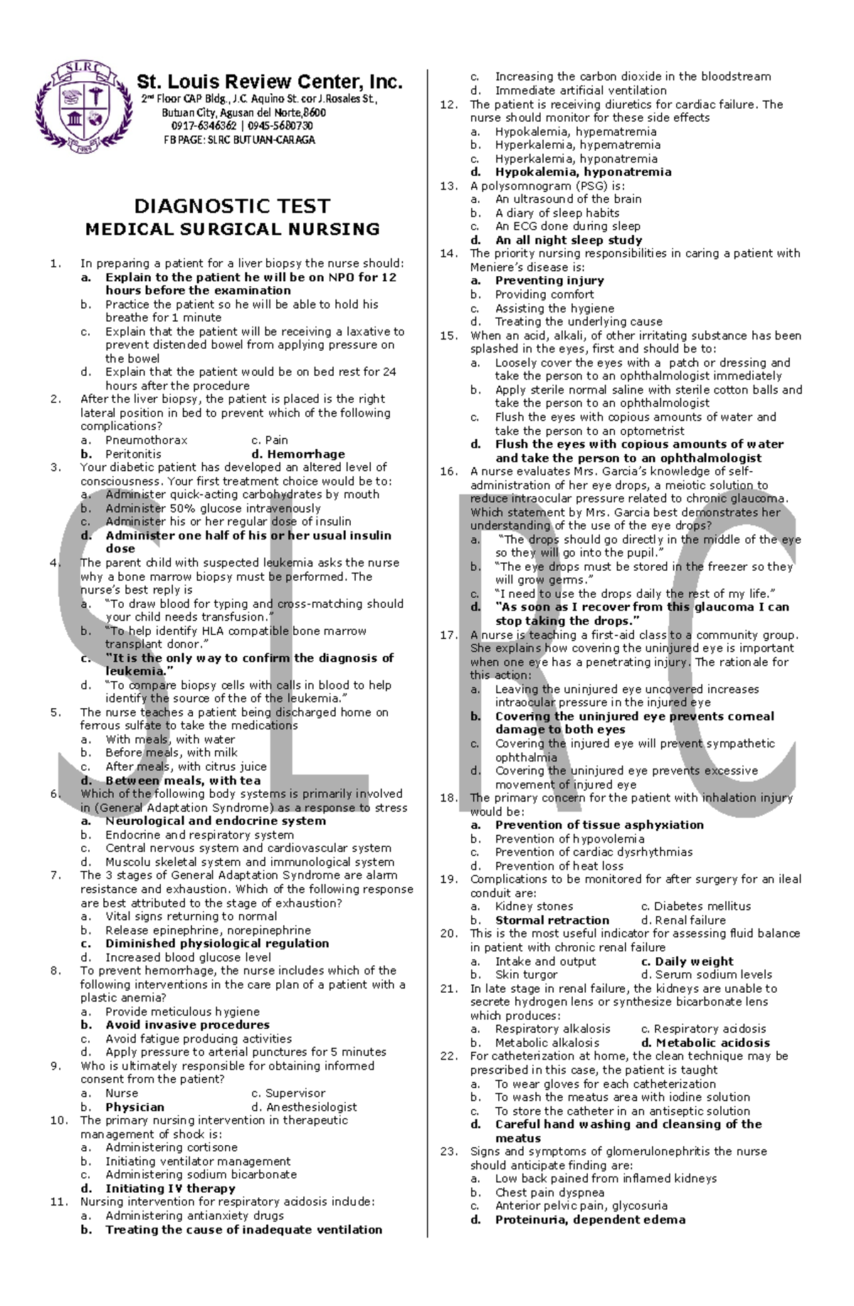 Medical Surgical Nursing 1 & 2: Diagnostic Test Review & Answers - Studocu