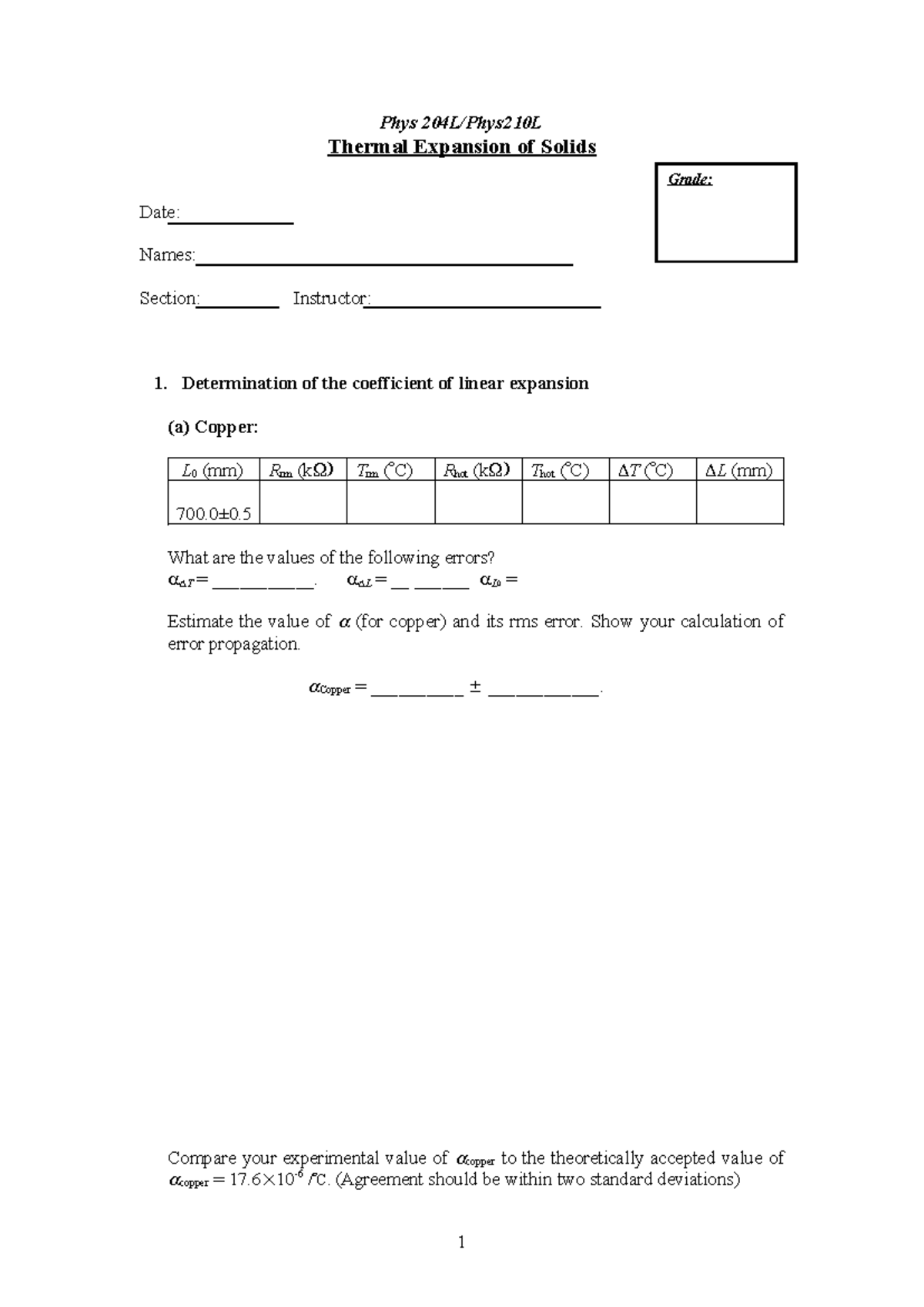 Thermal Expansion Lab Report: Phys 101 Analysis and Errors - Studocu