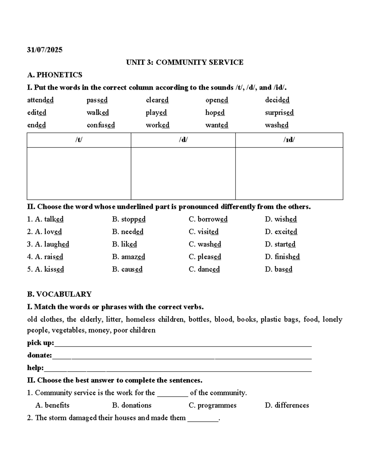 ANH 7 - ÔN TẬP UNIT 3: COMMUNITY SERVICE & PHONETICS - Studocu