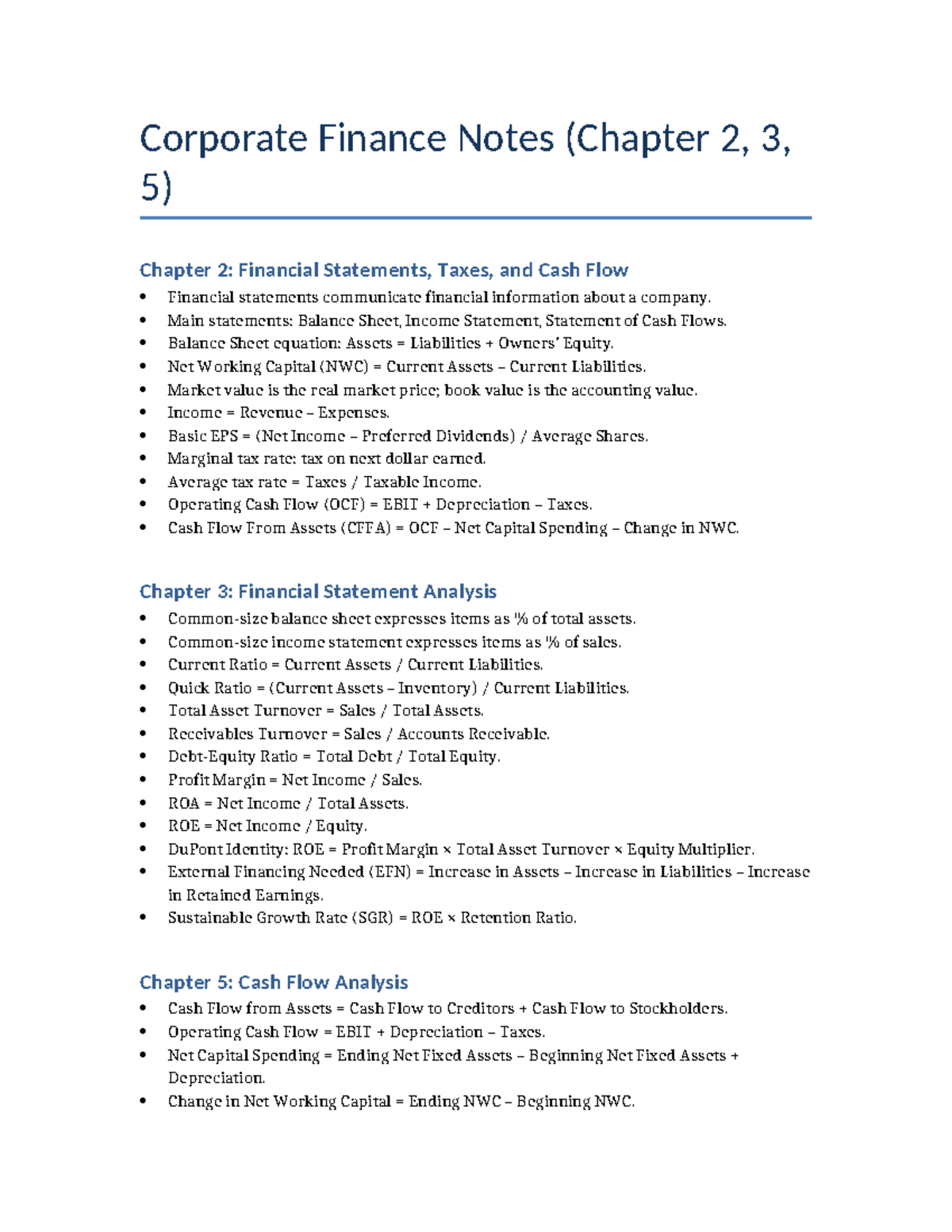 Corporate Finance Notes (Ch2, Ch3, Ch5): Financial Statements ...