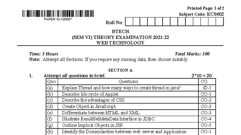 KCS602 BTECH SEM VI Web Technology Theory Exam Notes - Studocu