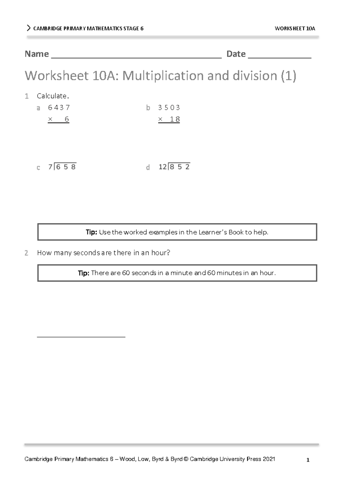 CAMBRIDGE PRIMARY MATHEMATICS STAGE 6 WORKSHEET 10A - Studocu