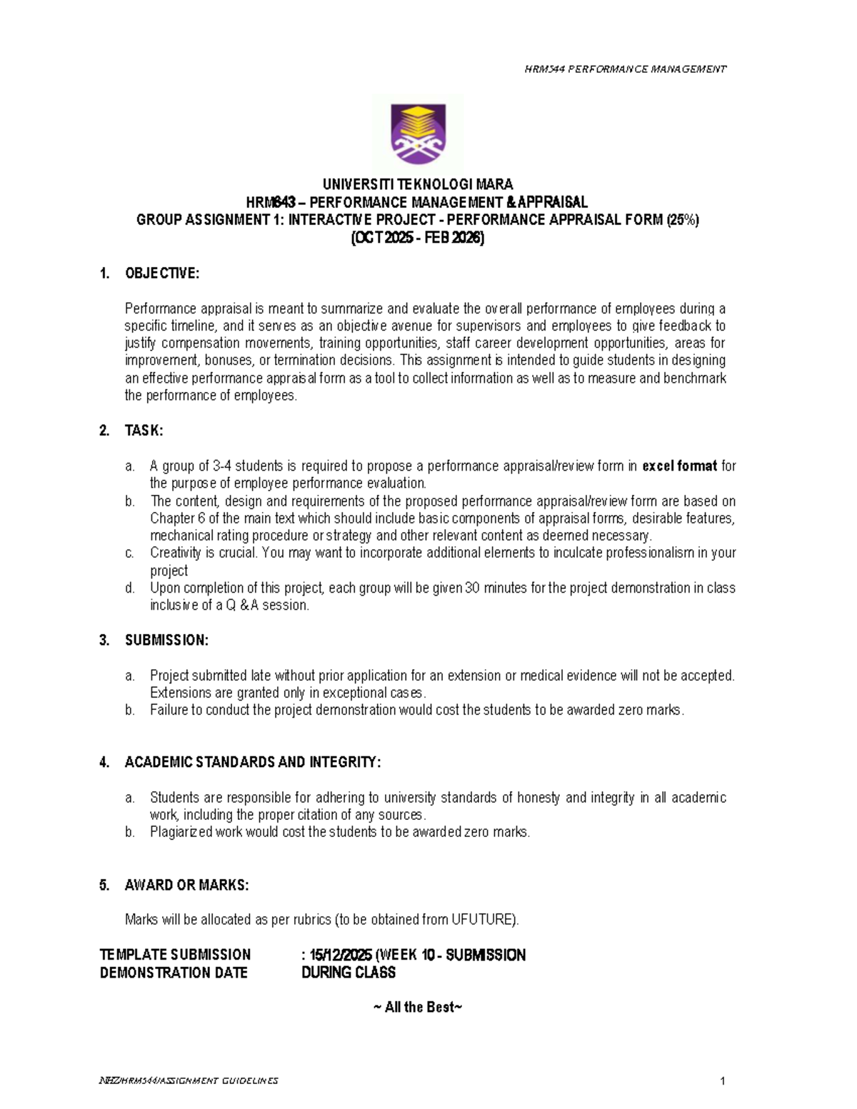 HRM544 & HRM643 Group Assignment: Performance Appraisal Form Guidelines ...