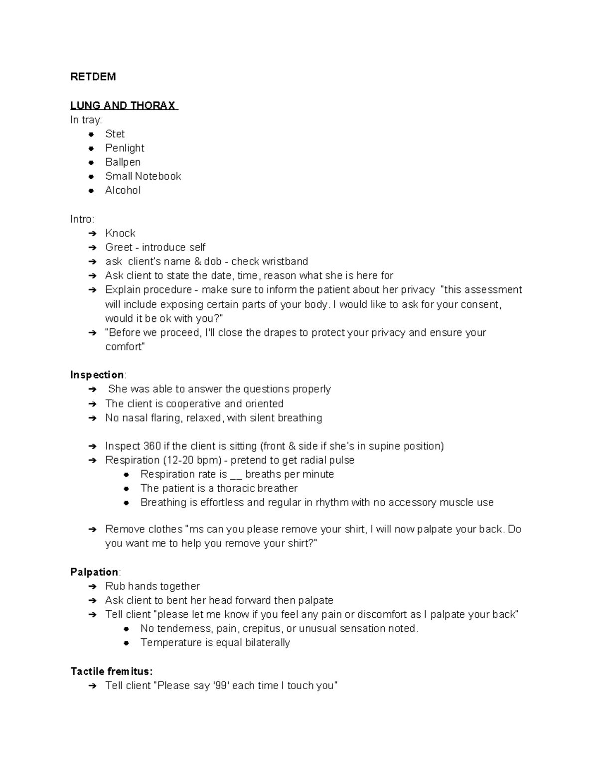 RETDEM LUNG & THORAX ASSESSMENT SCRIPT: COMPLETE GUIDE - Studocu
