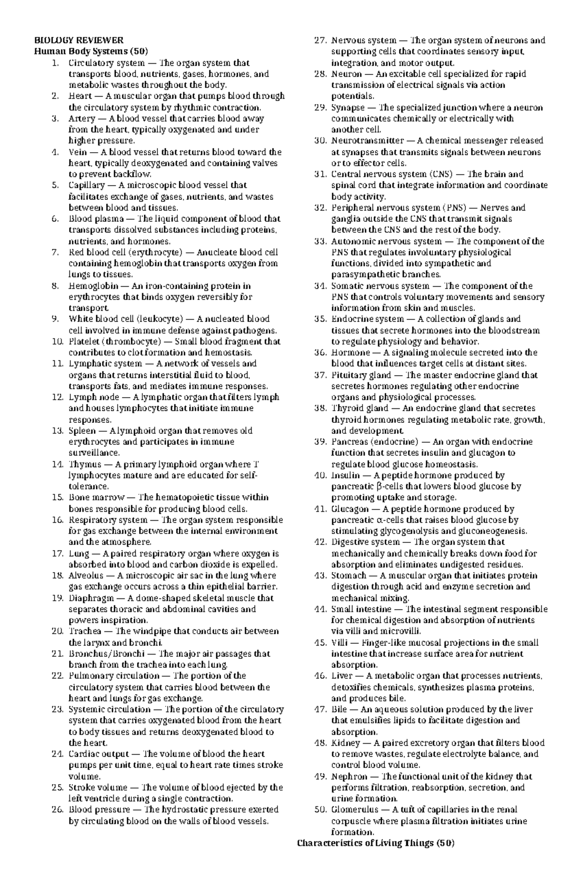 Biology Reviewer: Human Body Systems and Living Organisms - Studocu