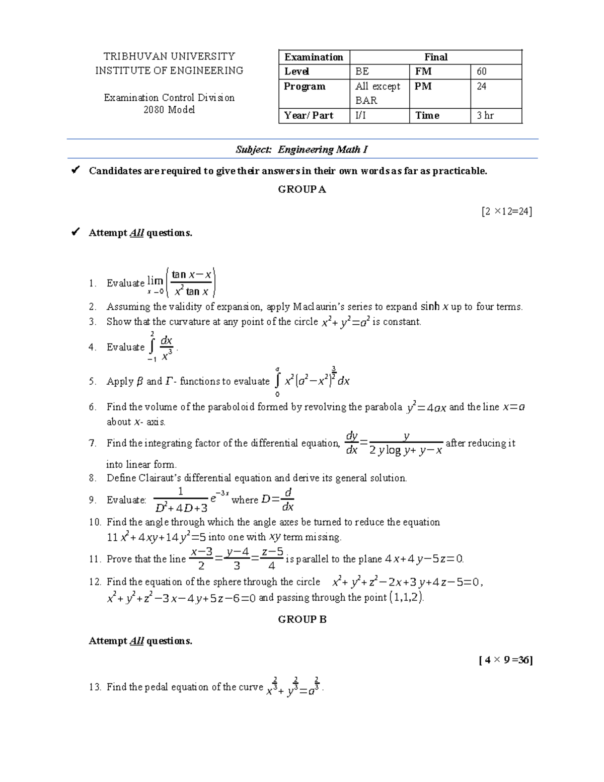 Model BE Engineering Math I Final Exam Questions - Studocu