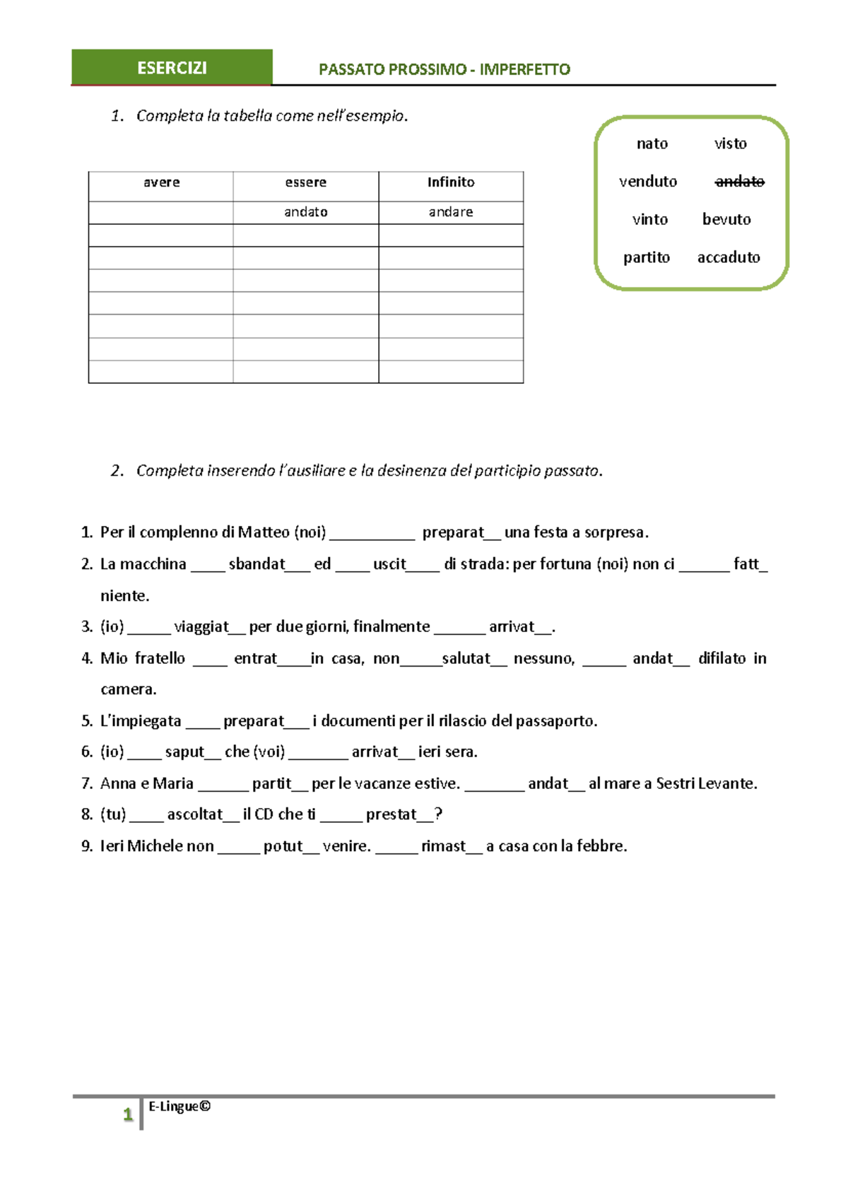 Esercizi- Passato- Prossimo-vs- Imperfetto - E-Lingue© 1. Completa la ...