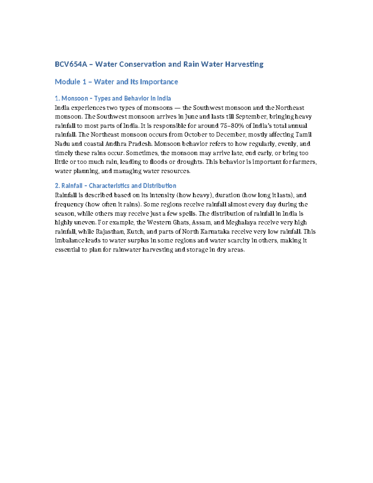 BCV654A Water Conservation & Rainwater Harvesting: Module 1 Notes - Studocu