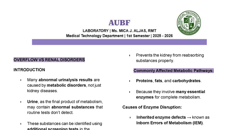 AUBF Group B Transes - N.a - 1 OVERFLOW VS RENAL DISORDERS INTRODUCTION ...