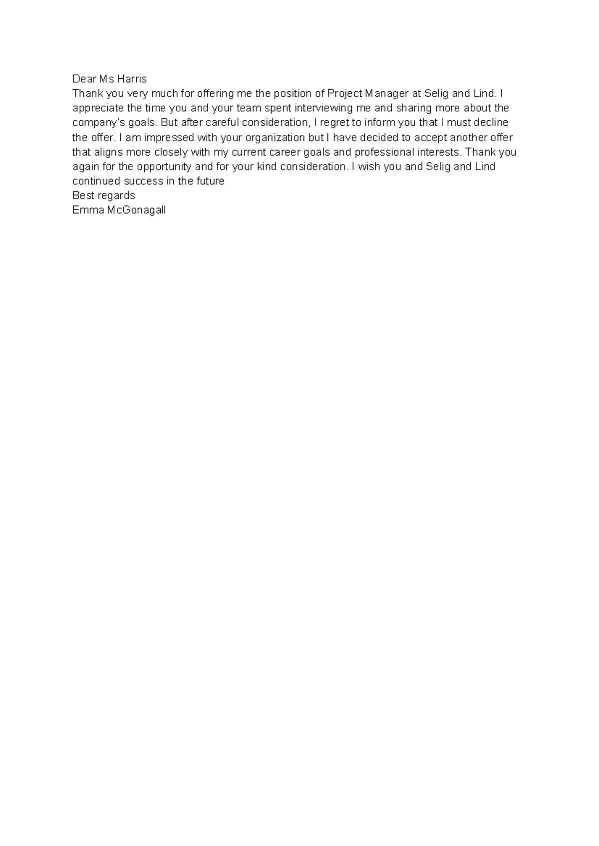Declining Job Offer - Project Manager Position at Selig and Lind - Studocu