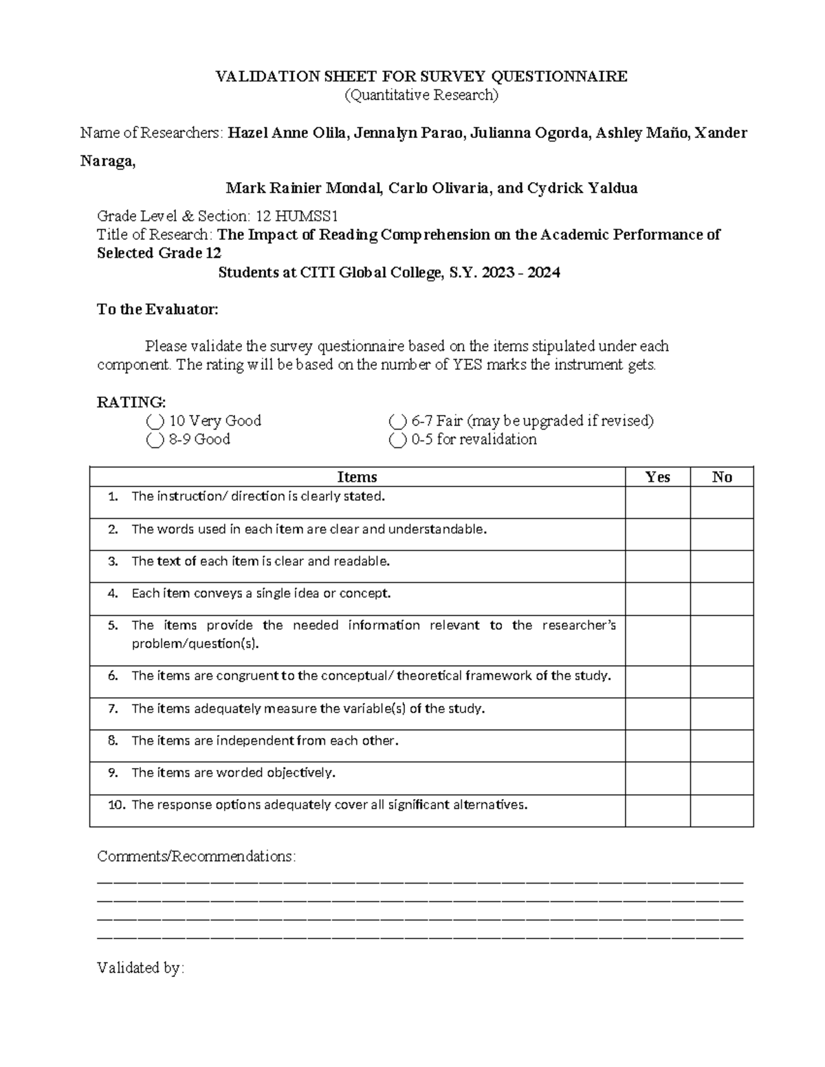 VALIDATION SHEET FOR SURVEY QUESTIONNAIRE (Quantitative Research) - Studocu
