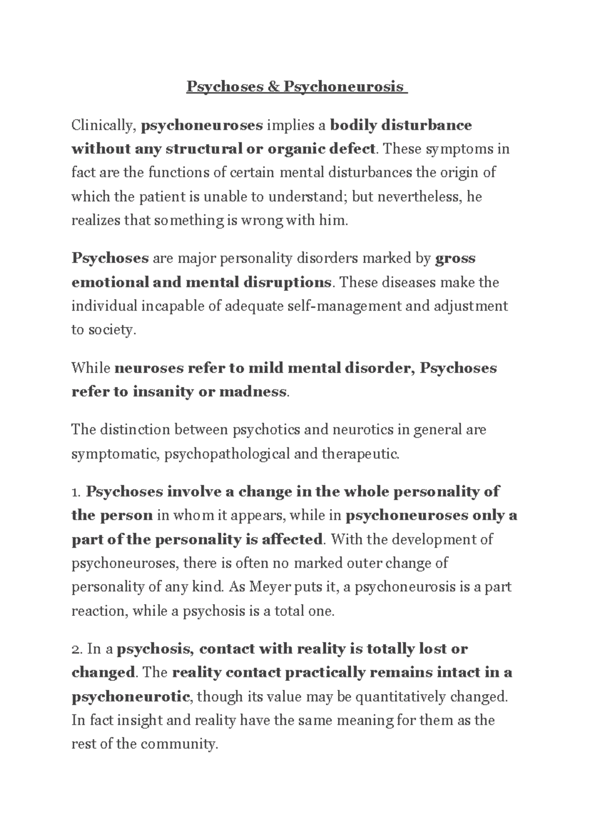 Psychology 101: Differentiating Psychosis from Psychoneurosis - Studocu