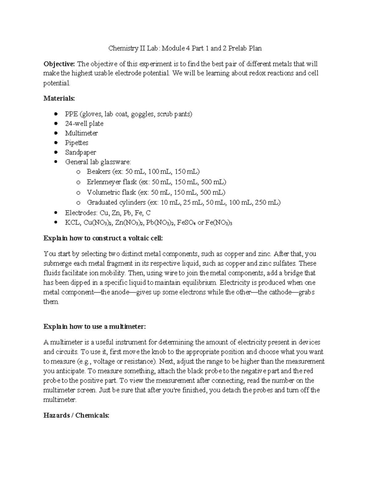 Chemistry II Lab: M4 Prelab Plan for Voltaic Cell Experiments - Studocu