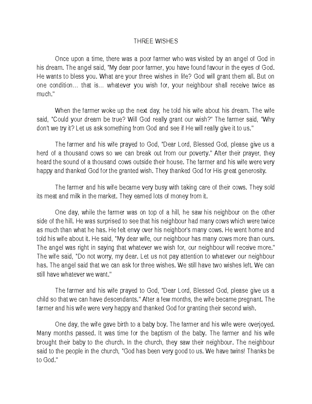 Three Wishes - A Story of Blessings and Envy - Studocu