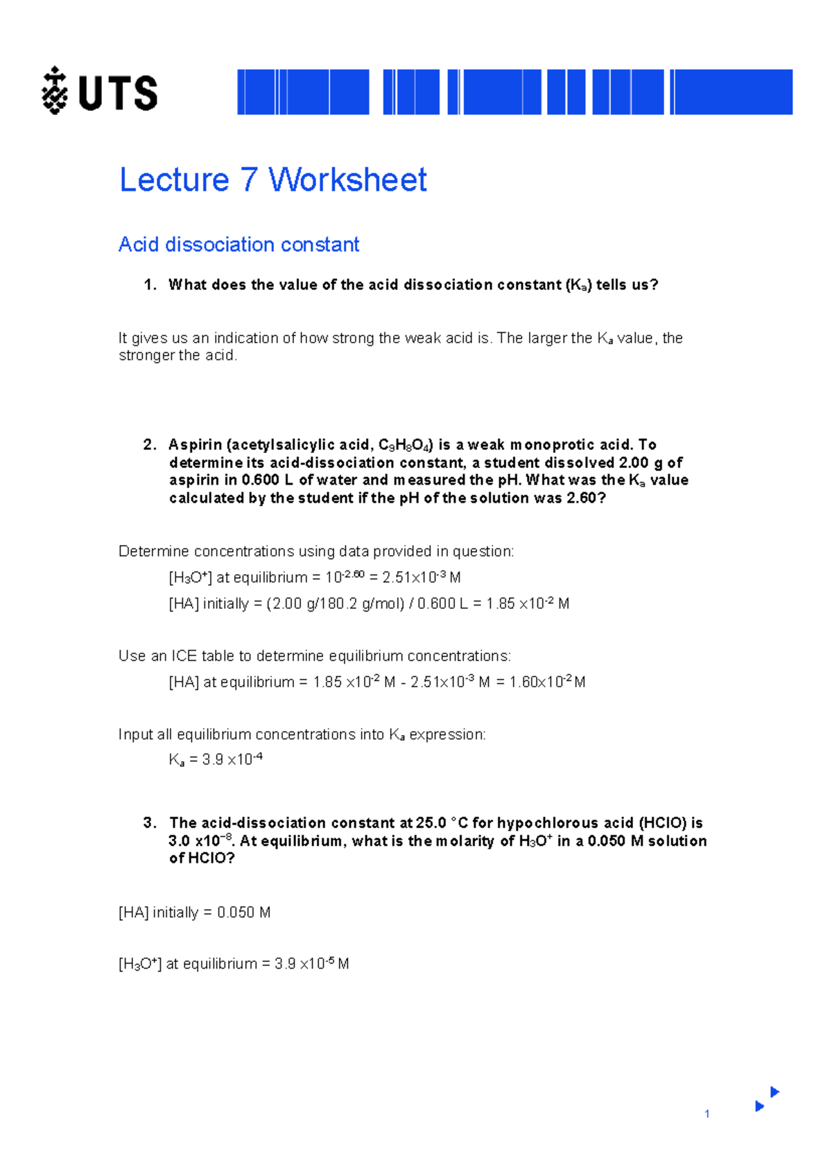 Lecture 7 Worksheet: Acid Dissociation Constant & Atomic Theory - Studocu