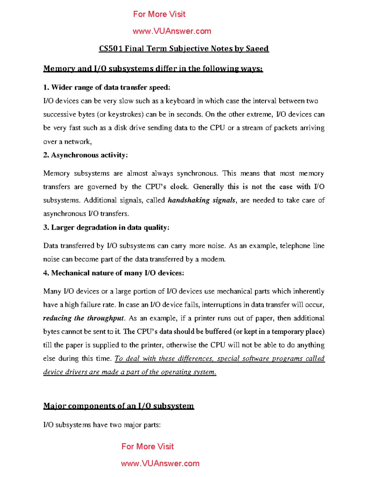 CS501 Final Term Subjective Notes: Memory & I/O Subsystems Overview ...