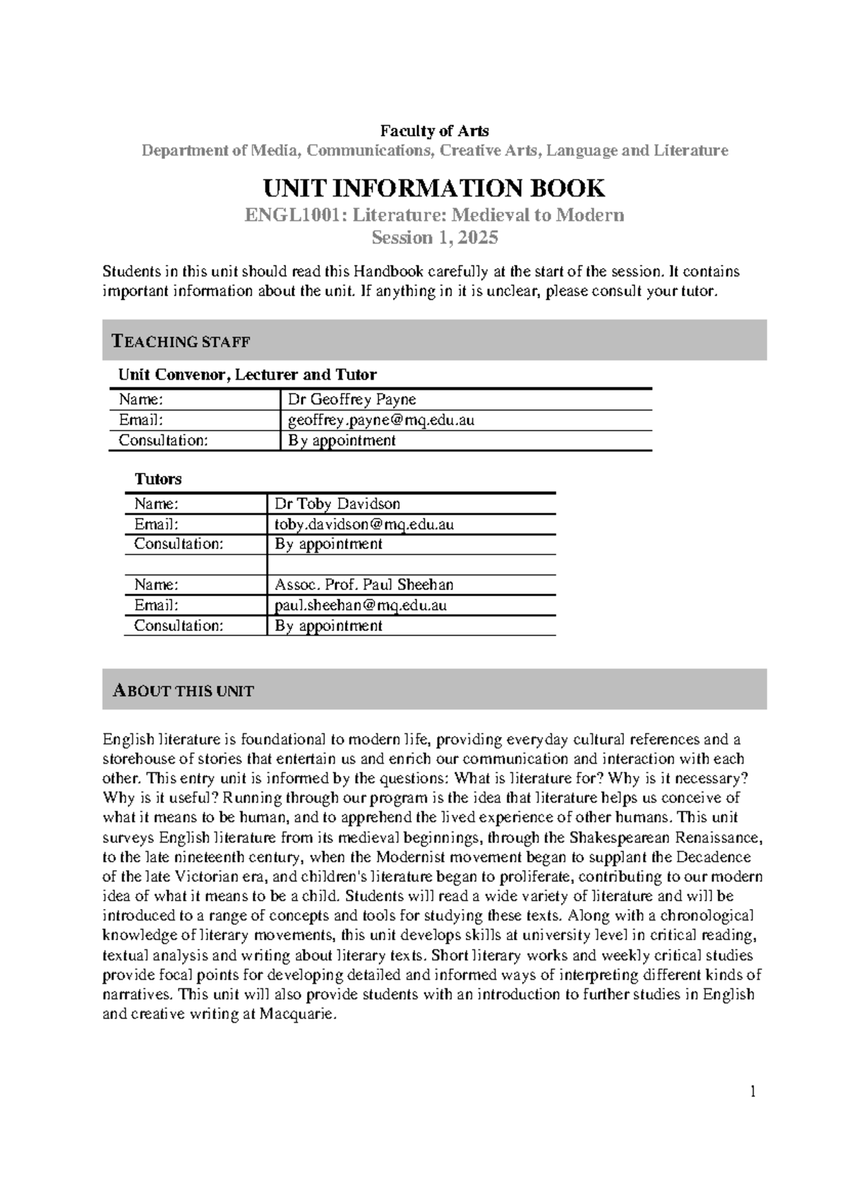 ENGL1001: Literature from Medieval to Modern - Unit Info Handbook 2025 ...