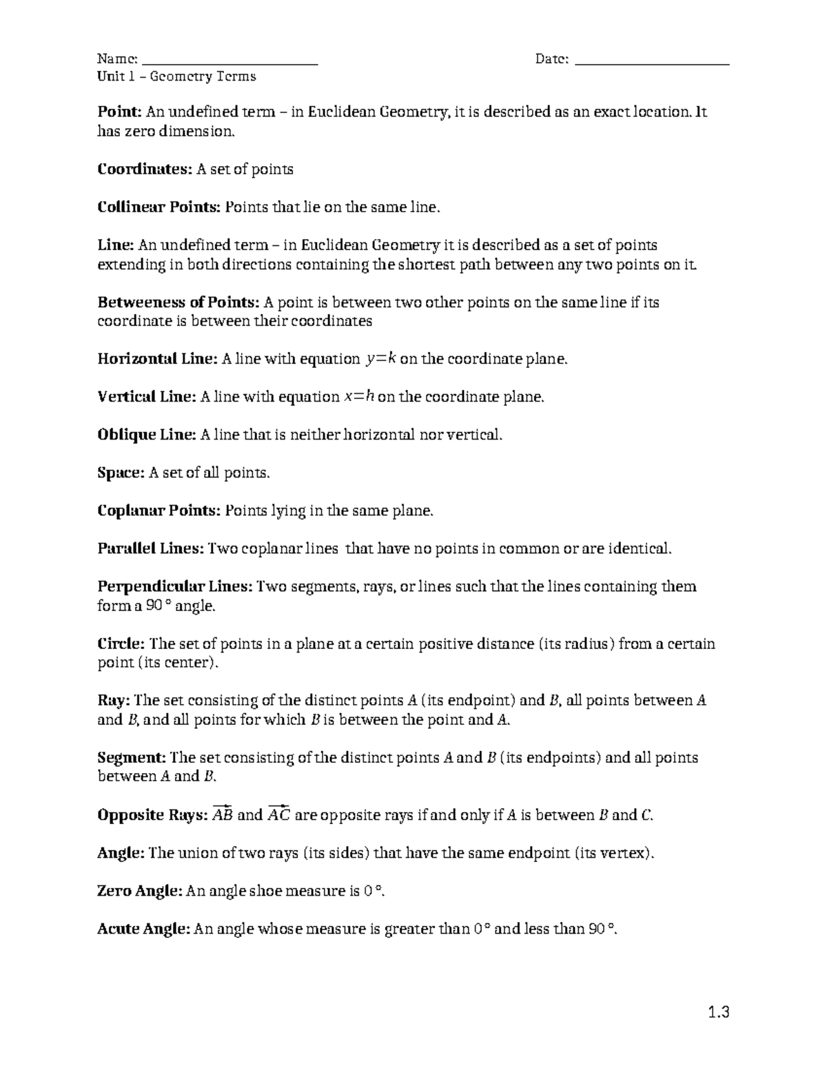 Unit 1 Geometry Terms & Definitions: Key Concepts Explained - Studocu