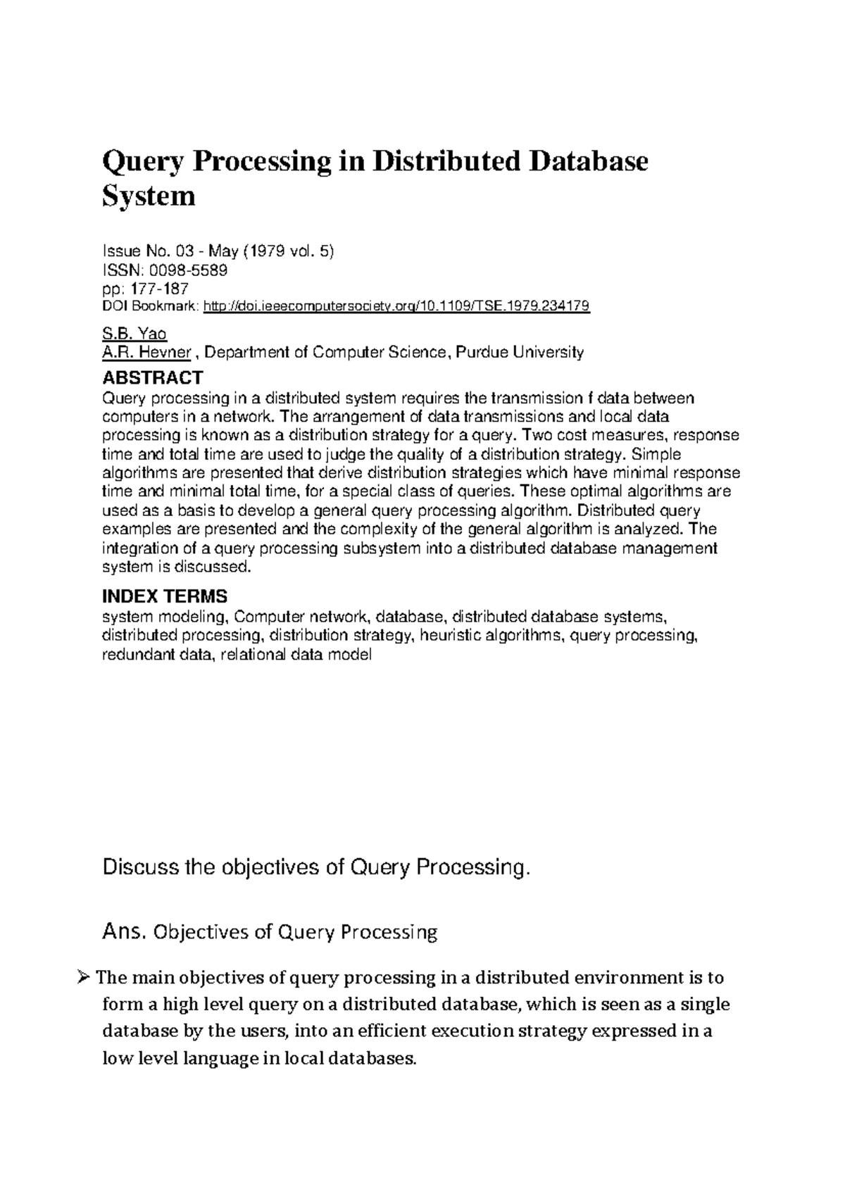 Query Processing in Distributed Database Systems: Strategies & Optimization - Studocu