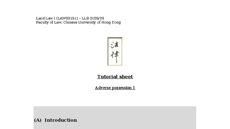 Adverse Possession Tutorial Sheet (LAWS3151) - Land Law I - Studocu