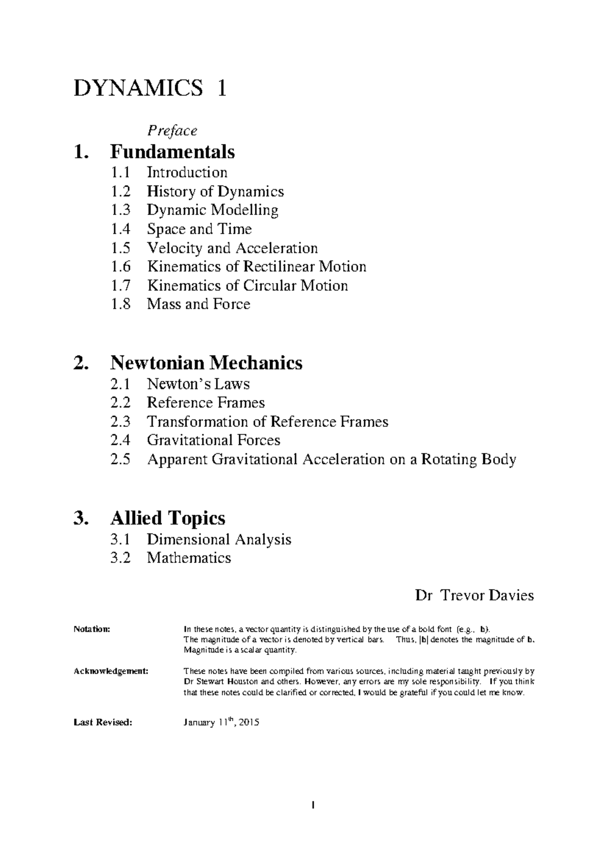 Notes Topic 1 - DYNAMICS 1 Preface 1. Fundamentals 1 Introduction 1 ...
