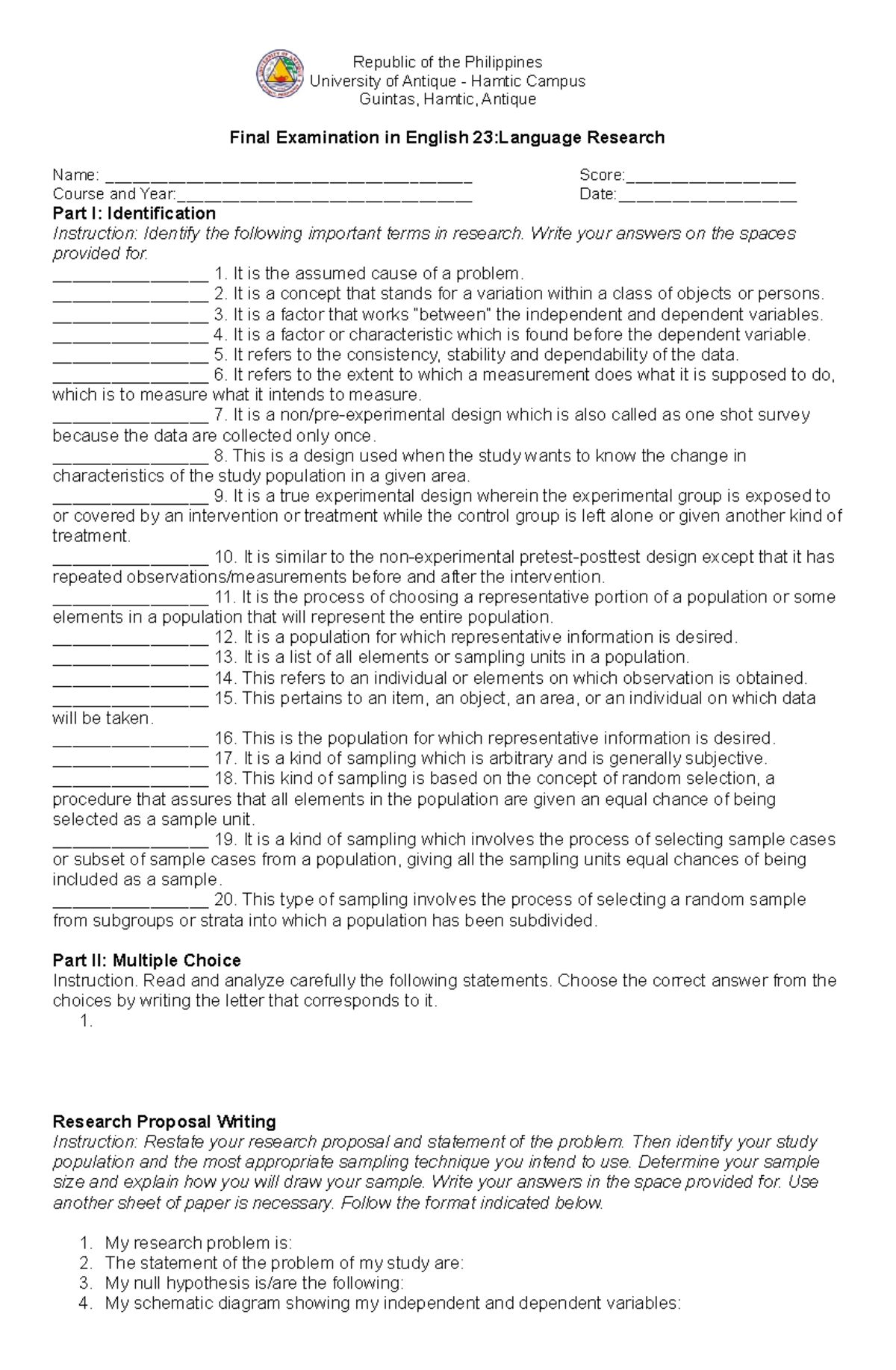 Final Exam in English 23: Language Research Overview and Questions ...